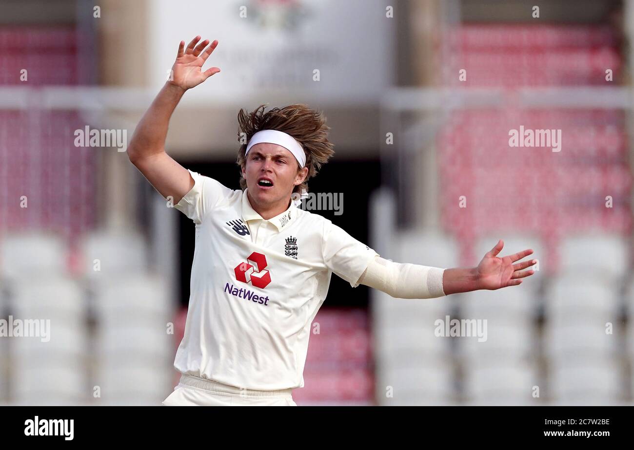 England’s Sam Curran bowling during day four of the Second Test at ...