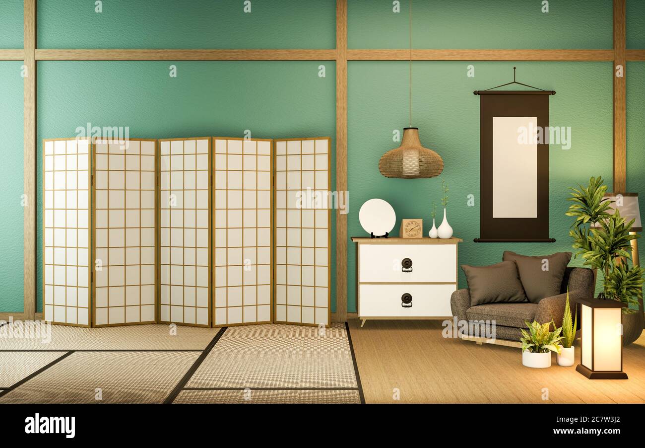 Japanese partition paper wooden design on mint room tatami floor.3D ...