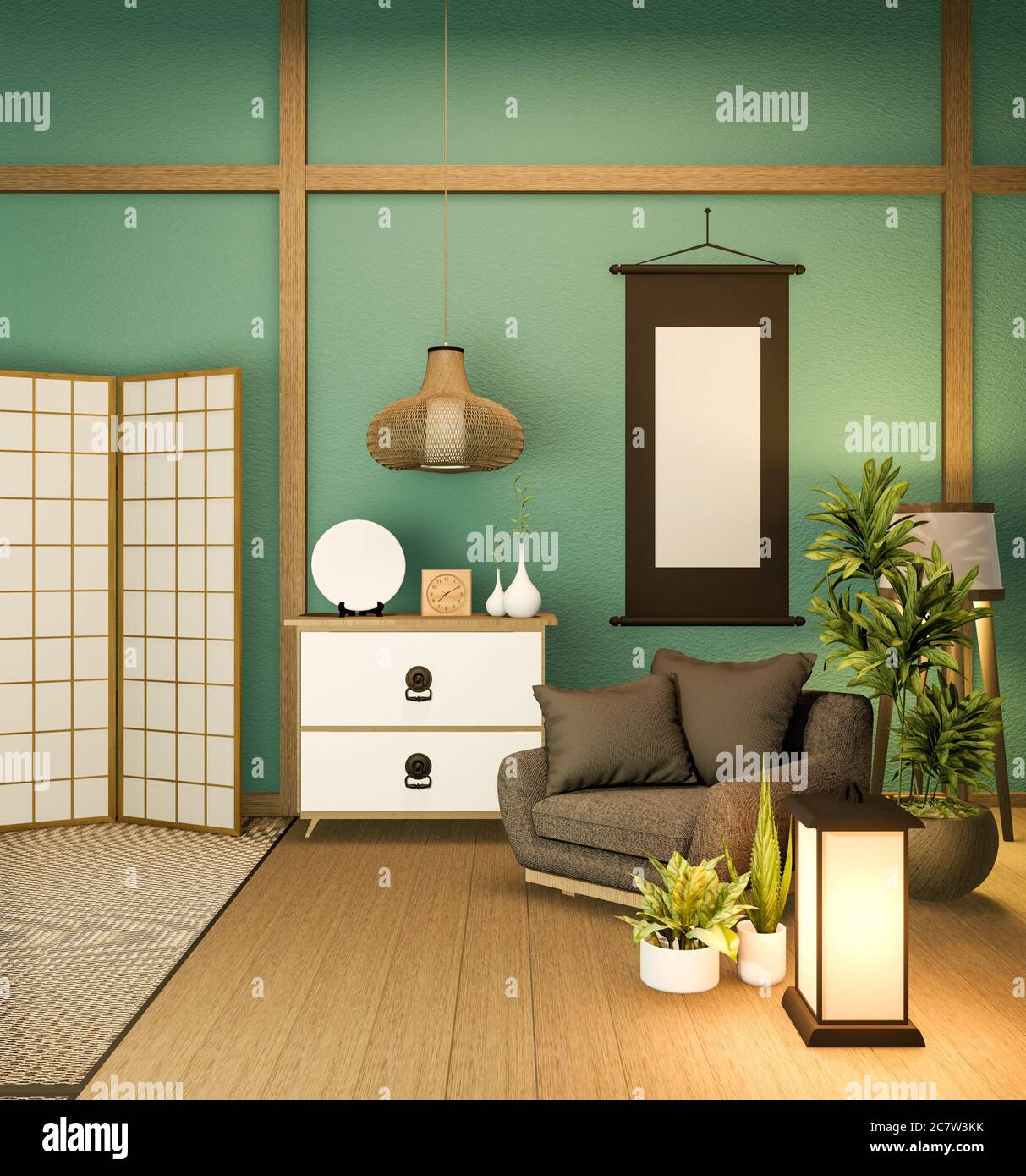 Japanese partition paper wooden design on mint room tatami floor.3D ...