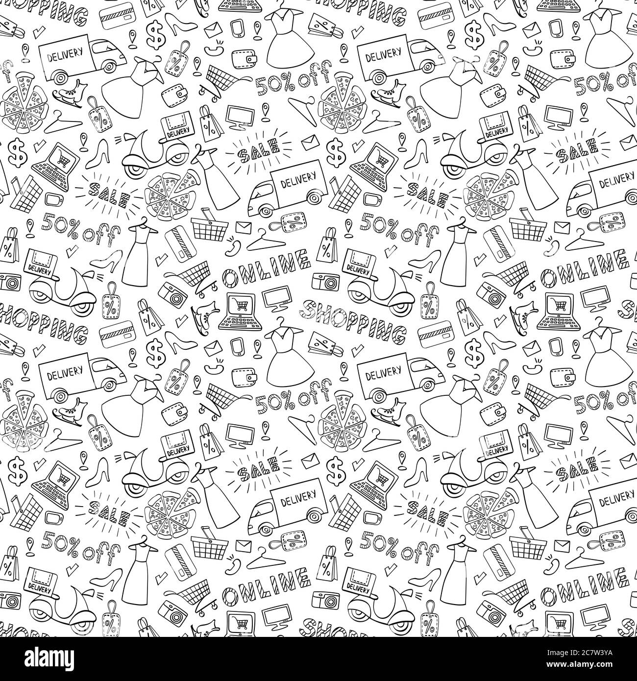 Online shopping seamless pattern. Hand drawn e-commerce objects ...