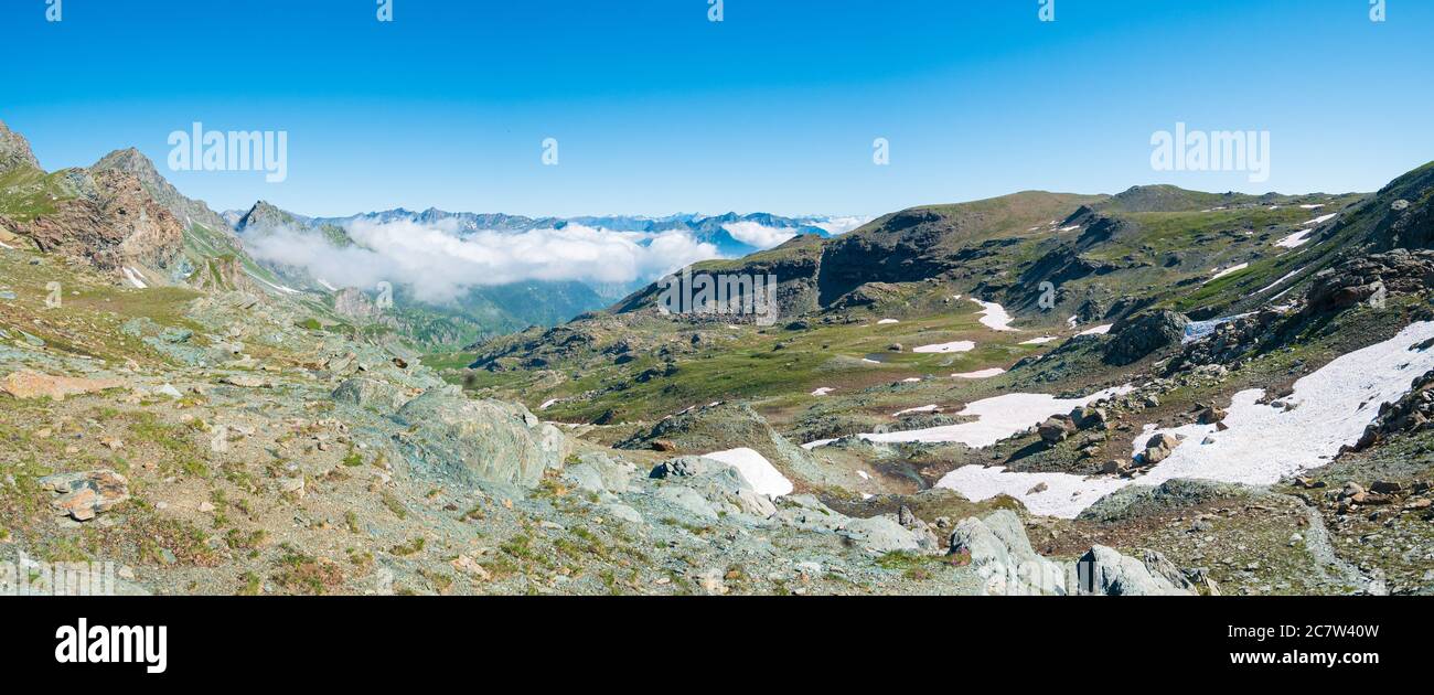 Mountain landscape on the Alps, rocky mountains at high altitude, moody ...