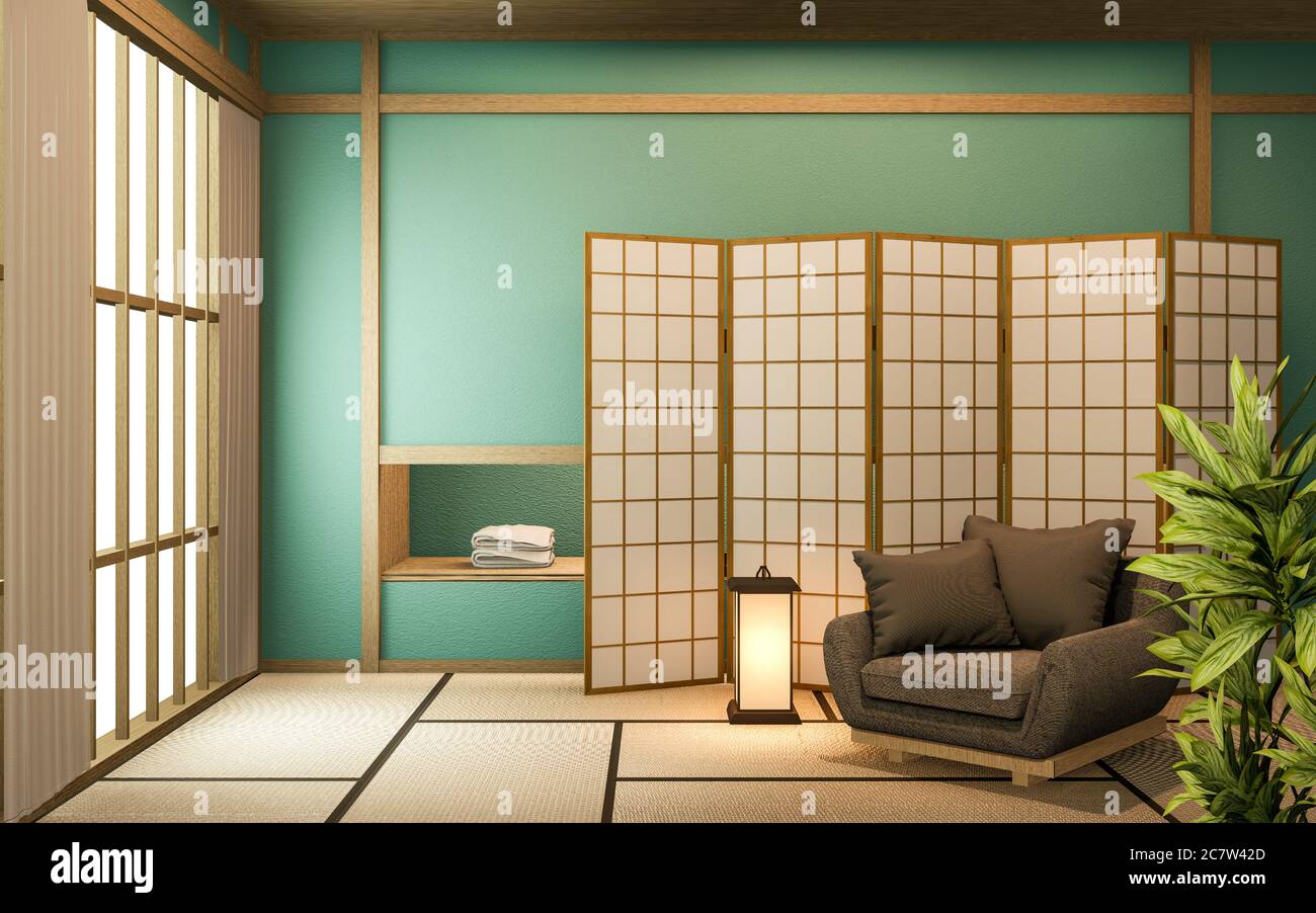 Japanese partition paper wooden design on mint room tatami floor.3D ...