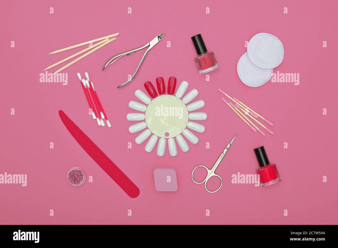 Close up feminine hygiene, beauty, nail care and manicure set on pink ...