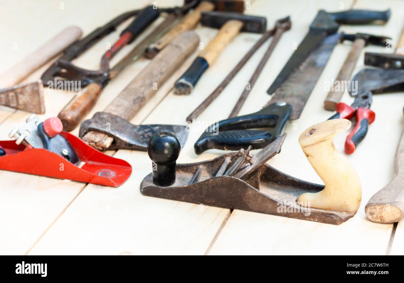 Set of vintage well used hand construction tools for handyman, hammers ...