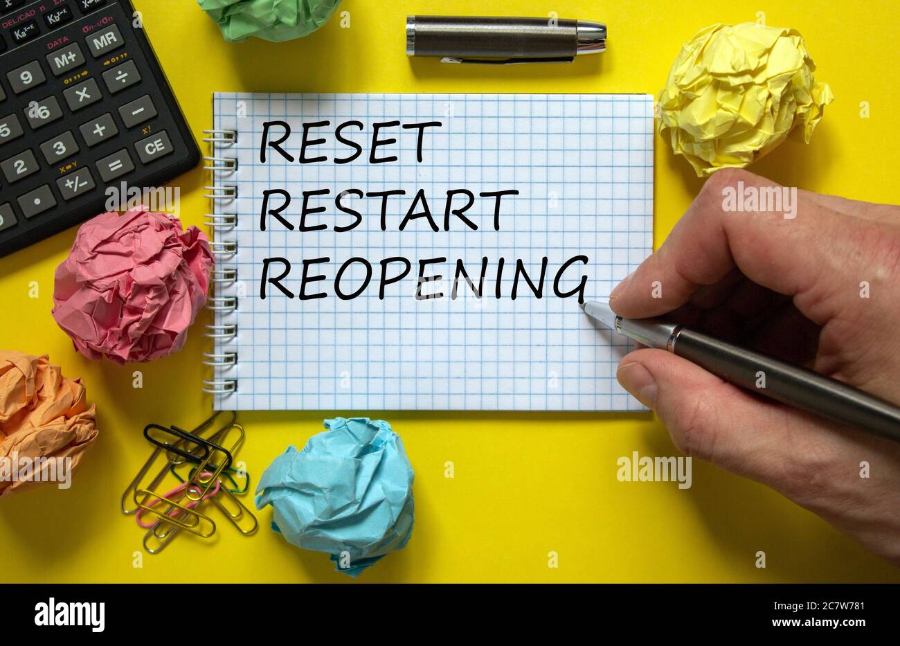 Mail hand writing 'reset restart reopening' on white note, beautiful ...