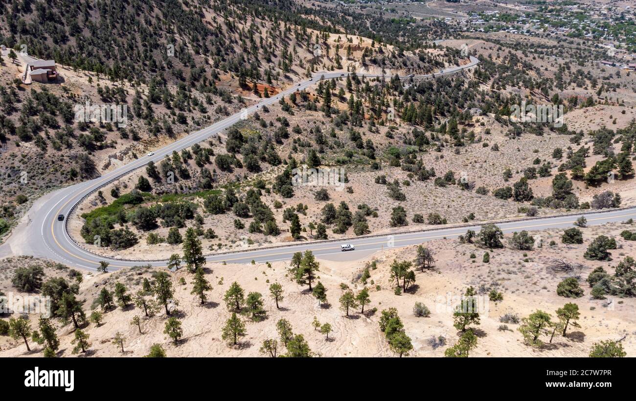 Drone photo over traffic going up mountain roads on Geiger grade near ...