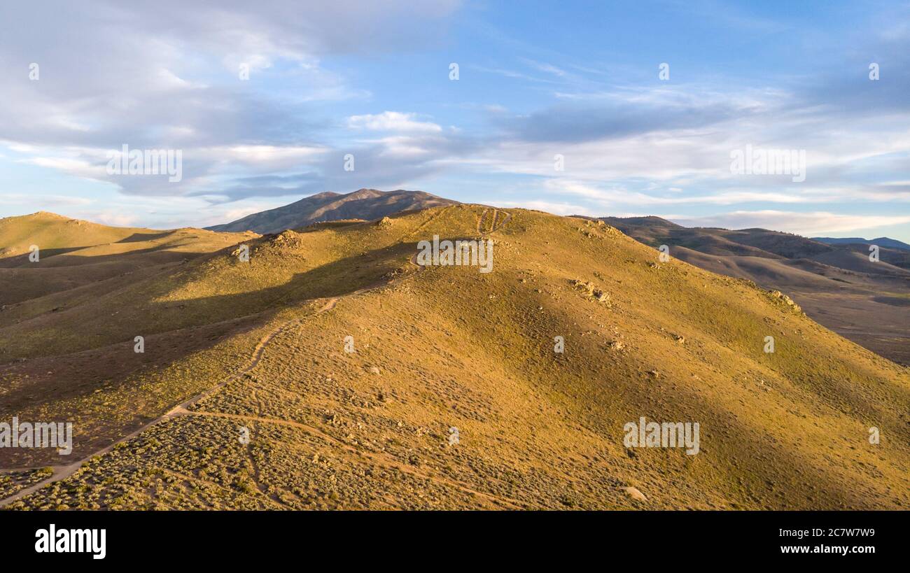 Drone photo over hiking and 4 wheel drive trails on a mountain top near ...