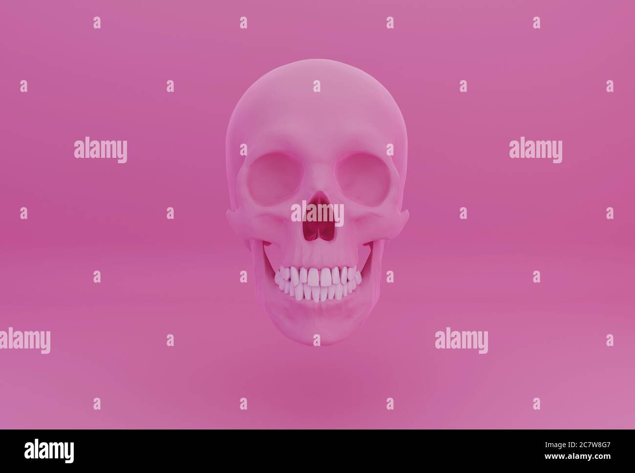 human pink smiling skull on pink background, front view, 3d render ...