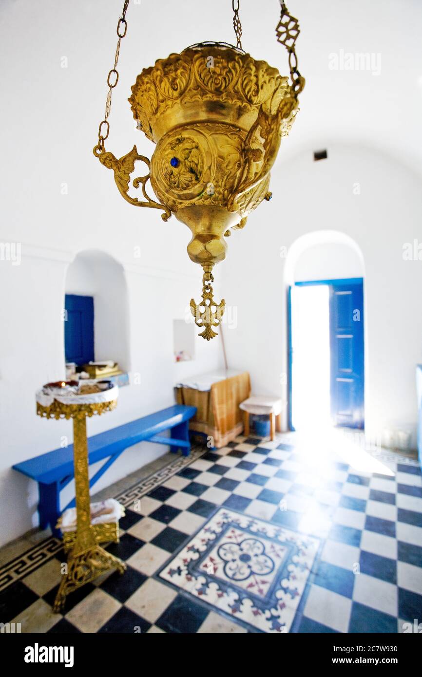Vertical shot of an interior of a traditional Greek building in blue ...