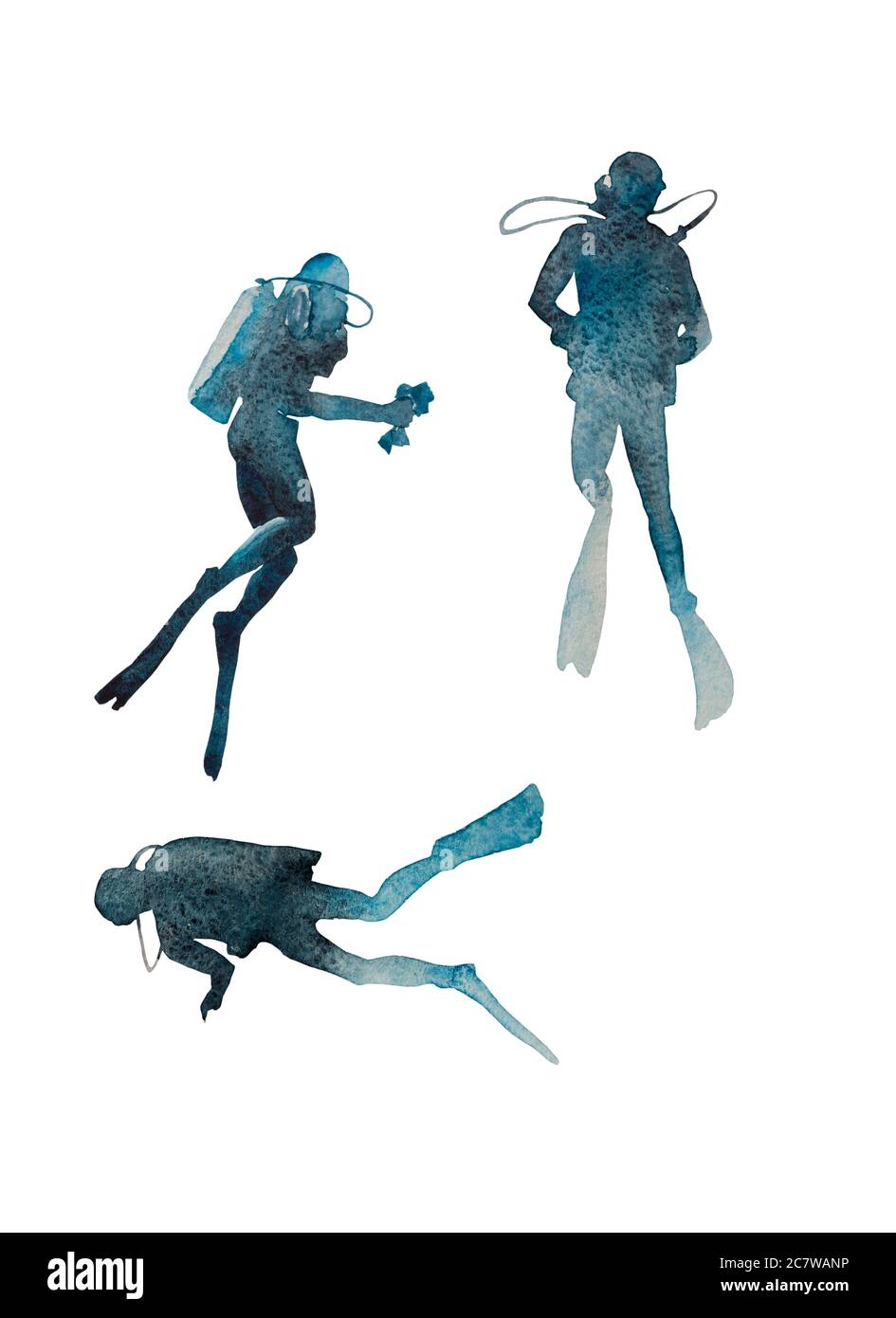 Watercolor group of divers rises from depth of ocean. Original ...