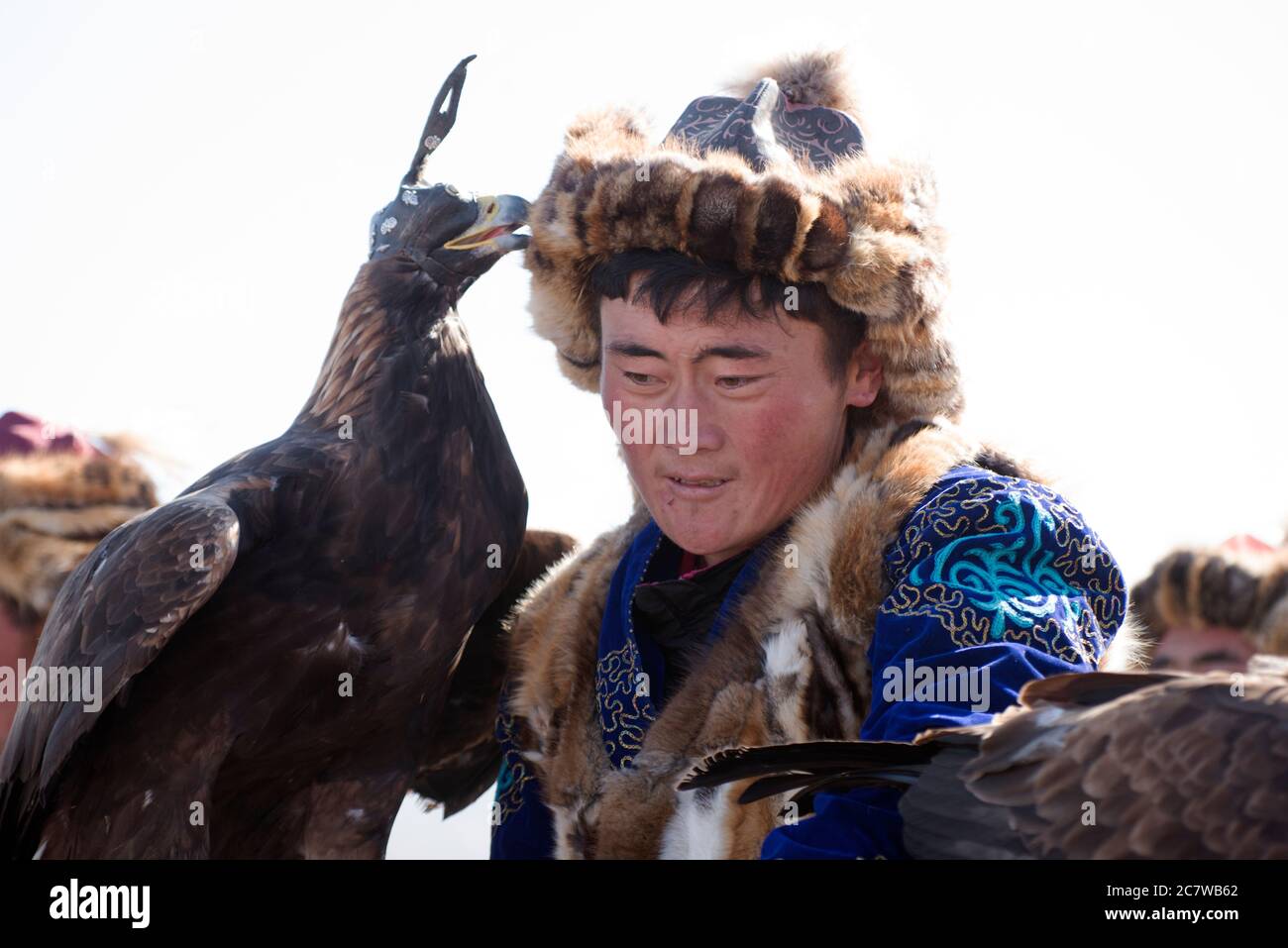 An ethnic Kazakh eagle hunter parading with his golden eagle at the ...