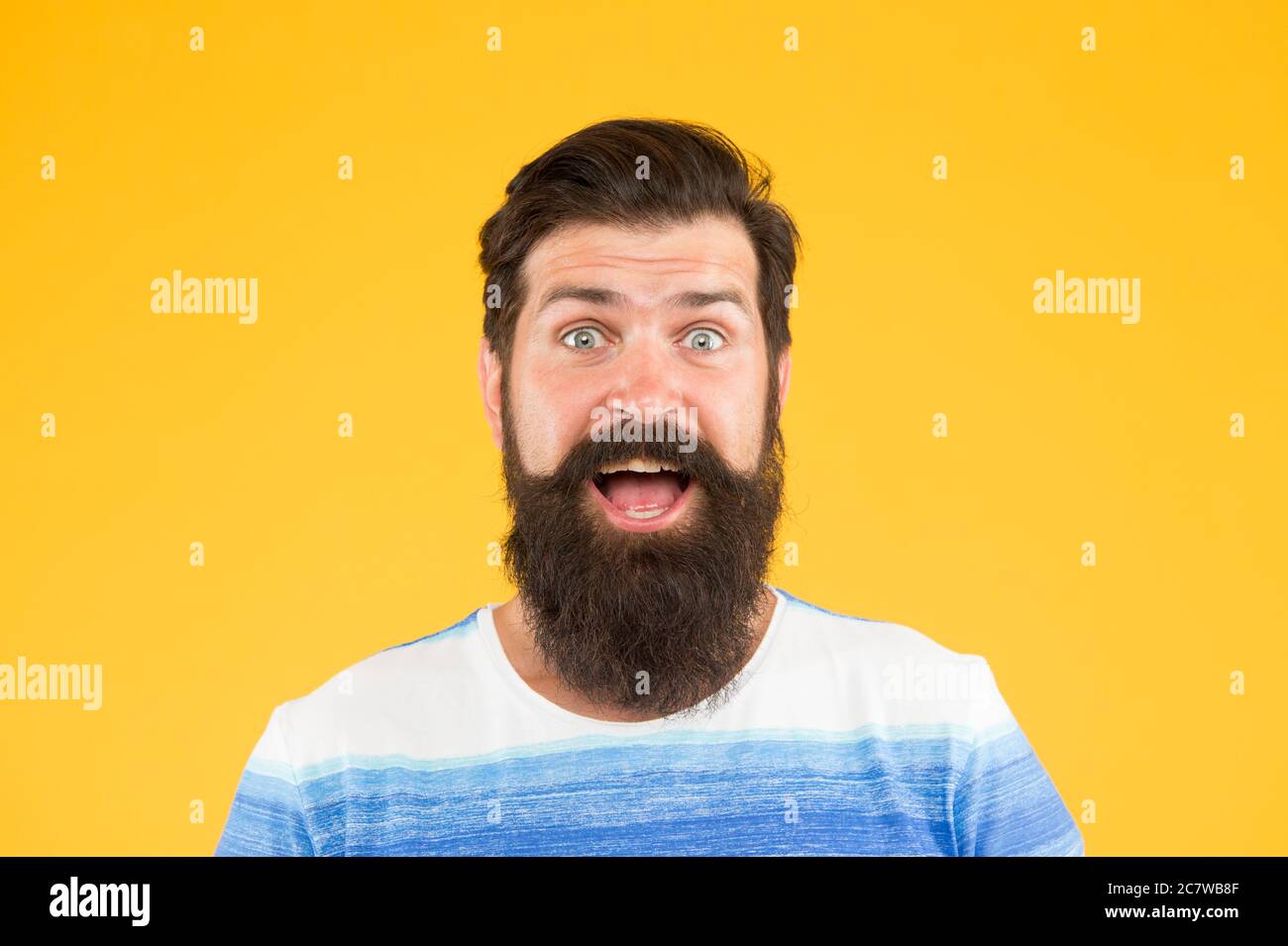 Good mood. Smiling face. Man bearded stylish beard yellow background ...