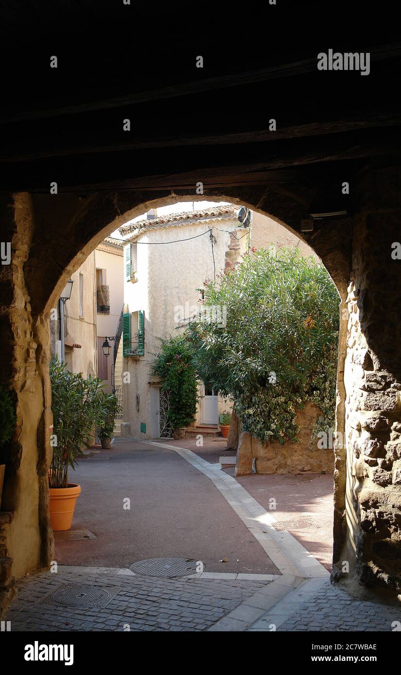 Covered passage to Roquebrune sur Argens old provencal medieval village ...