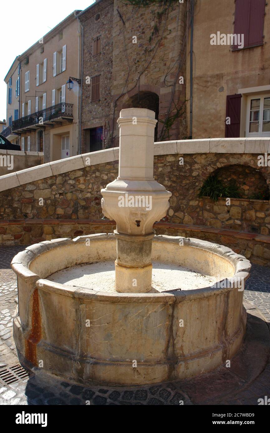 Fountain of Roquebrune sur Argens old provencal medieval village Stock ...