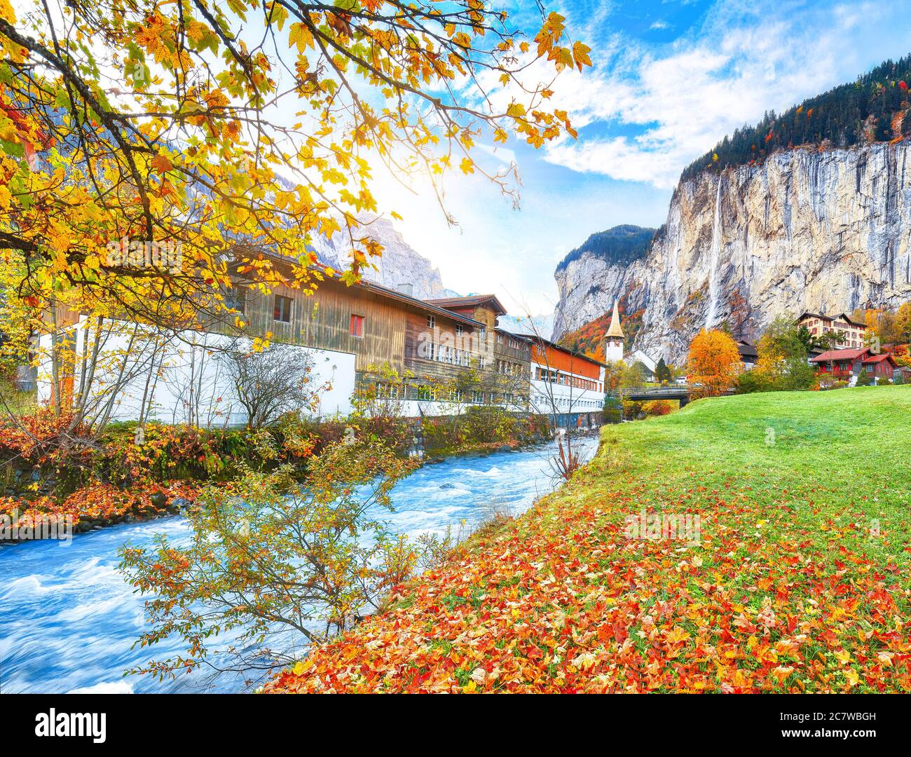Stunning autumn view of Lauterbrunnen village with alpine, alps ... Stunning autumn view of Lauterbrunnen village with alpine, alps ...