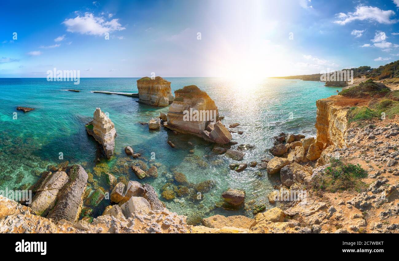 Picturesque seascape with white rocky cliffs, sea bay, islets and ...