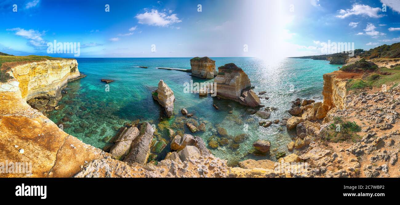 Picturesque seascape with white rocky cliffs, sea bay, islets and ...