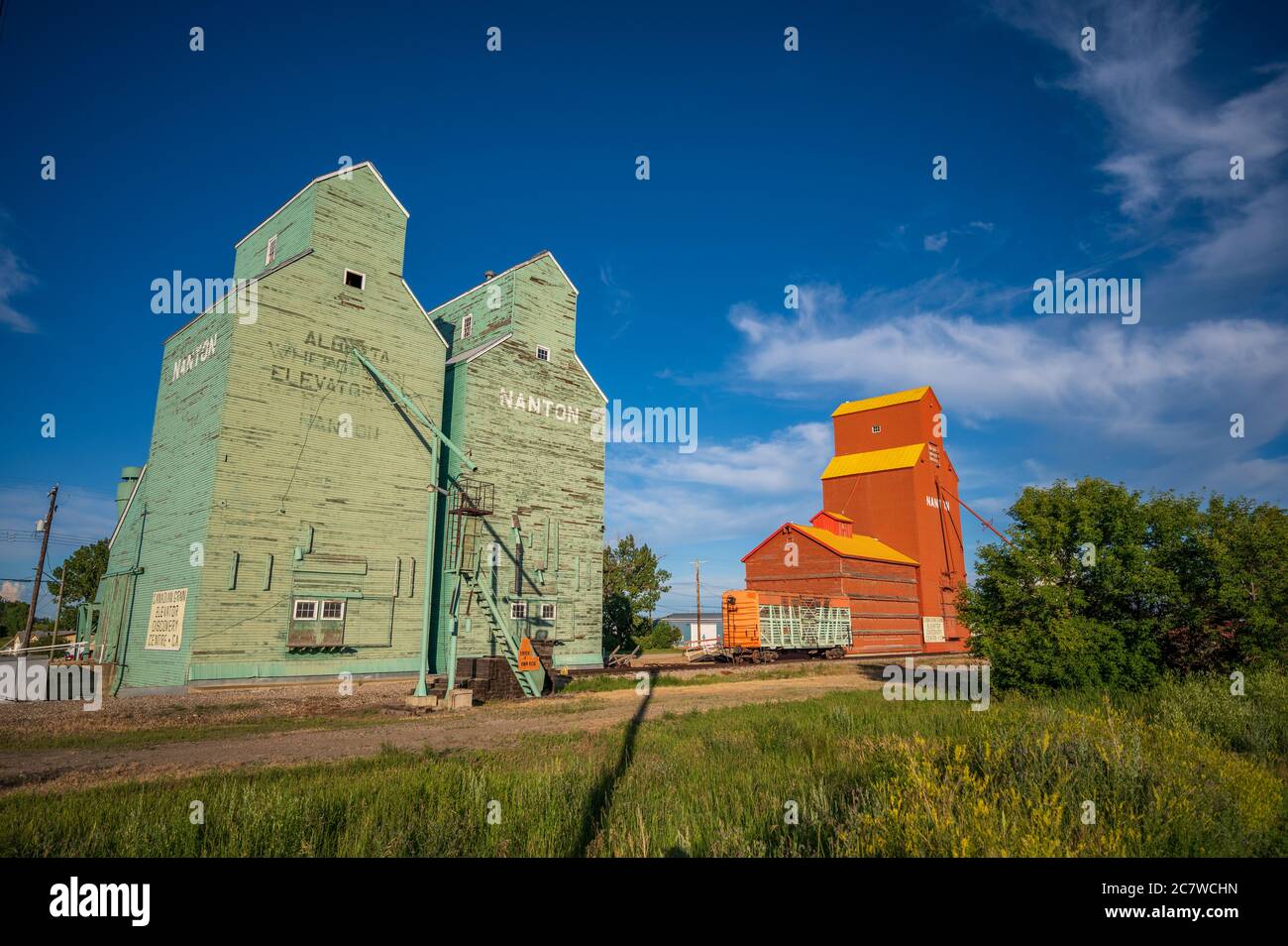 Elevator row in Nanton Alberta during summer. These grain elevators ...