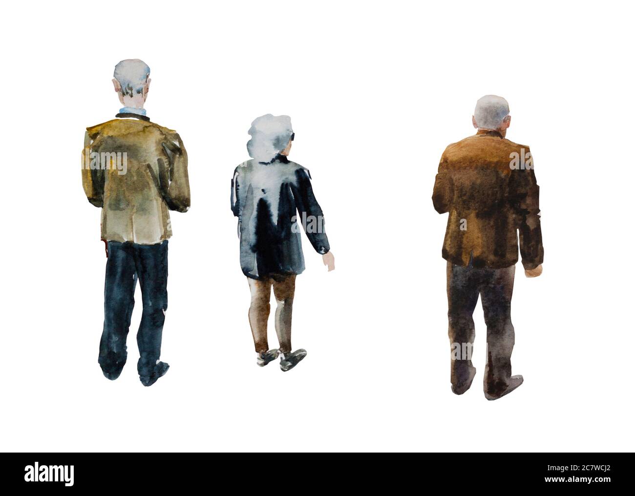 Back view on the three elder men and woman in classic and casual ...