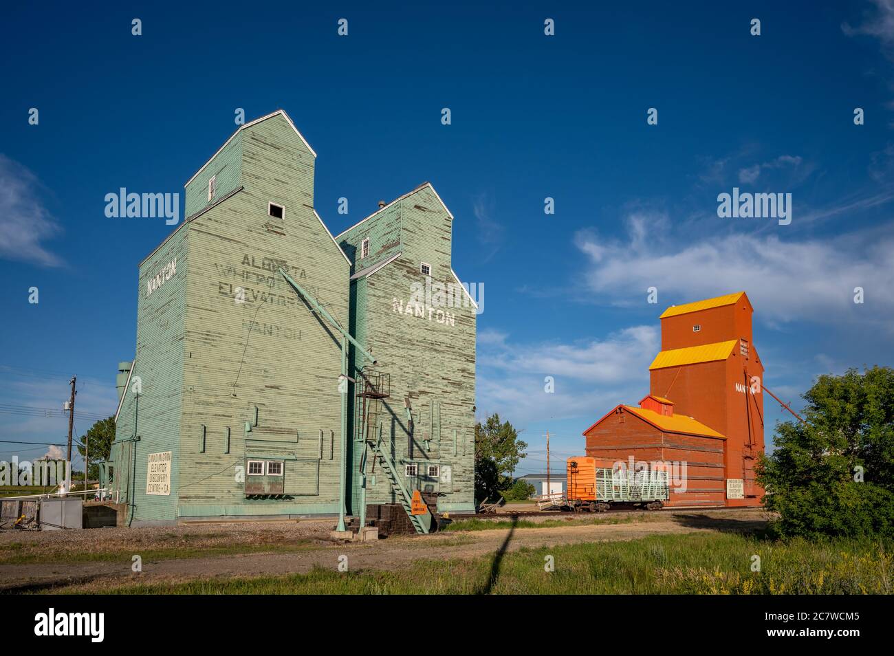 Elevator row in Nanton Alberta during summer. These grain elevators ...