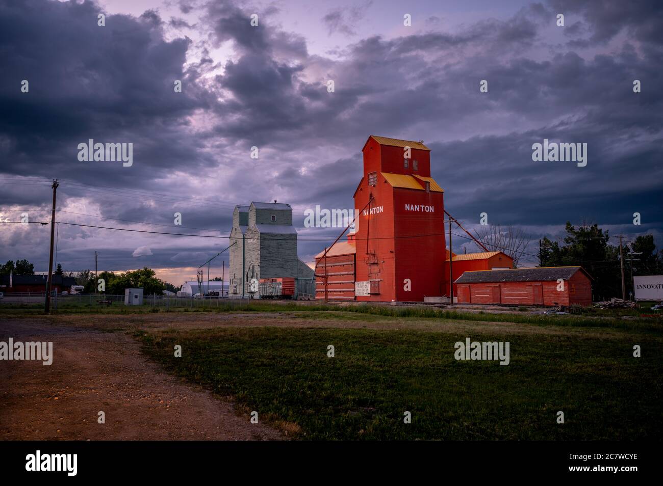 Elevator row in Nanton Alberta during summer. These grain elevators ...