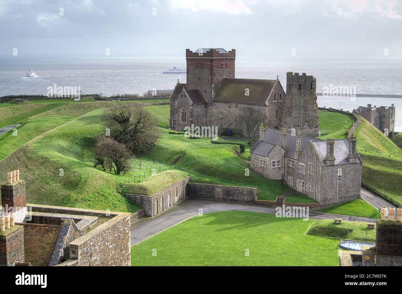Aerial view from Dover castle with the view of St Mary of Castro church ...