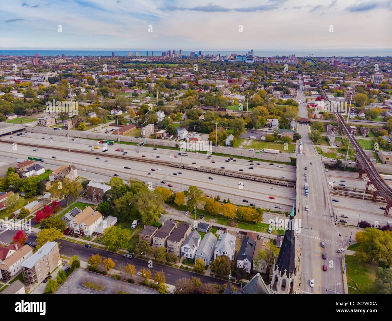 Aerial view above chicago, Illinois. With primary concentration on ...