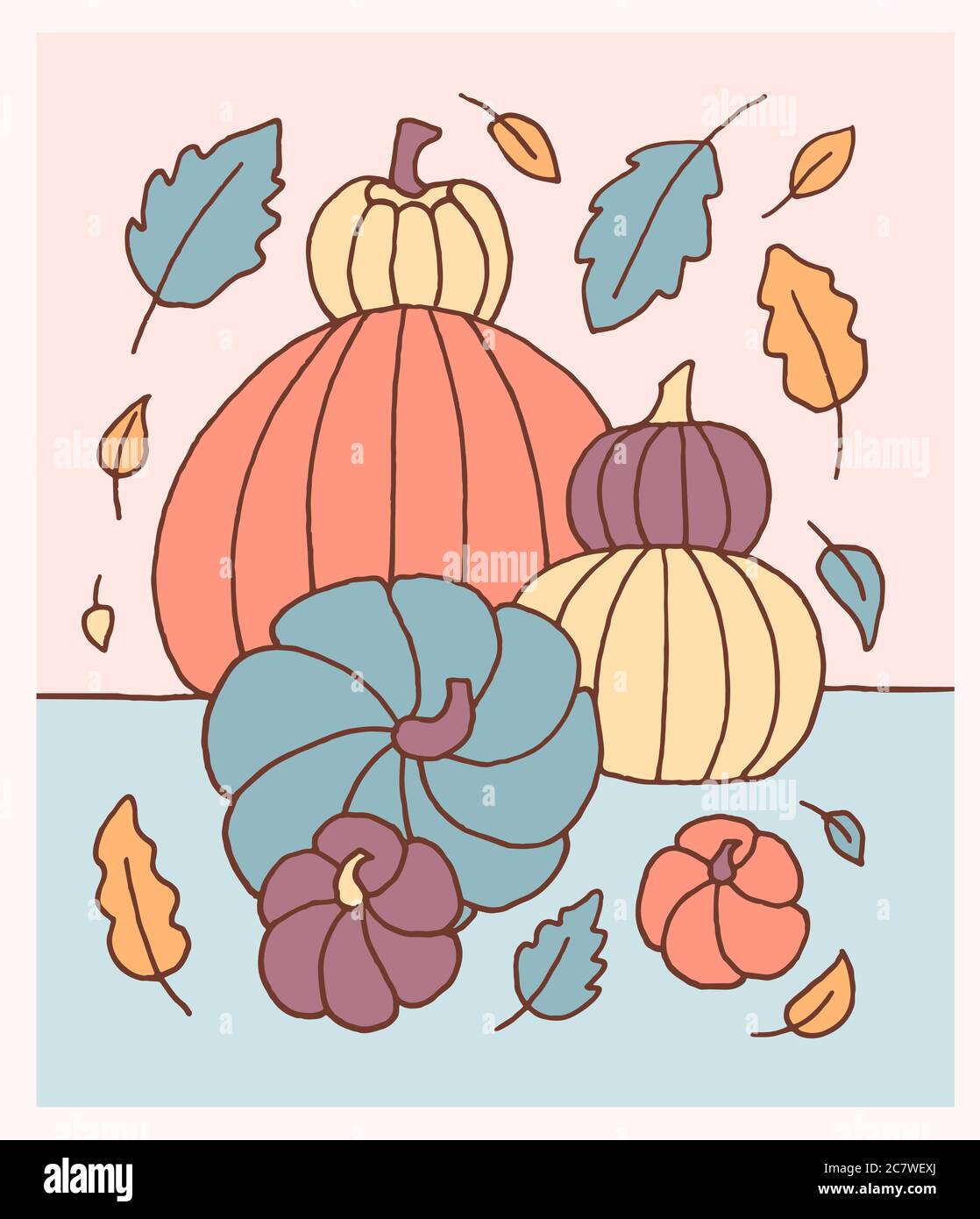 Beautiful autumn pumpkin composition, hand drawn, in pastel colors ...