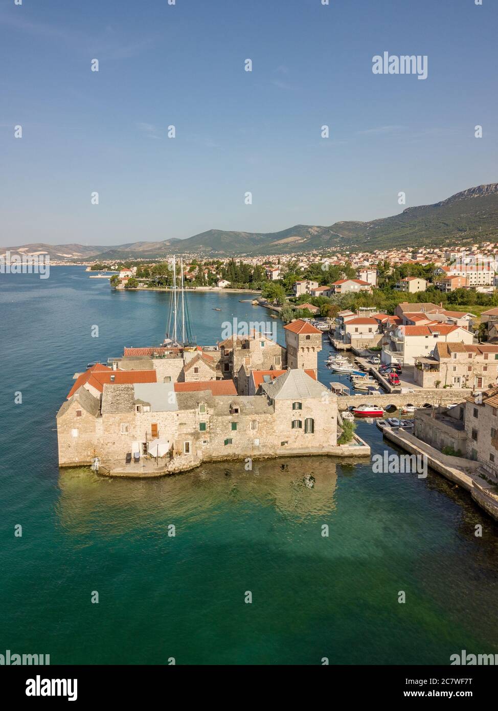 Split, Croatia - August 19 2019: Aerial view, old castle Kaštel ...