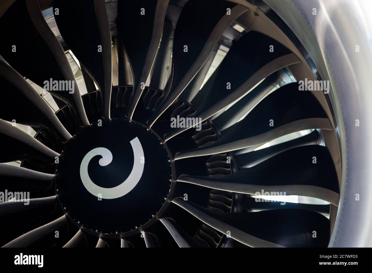 Turbine blades of an aircraft jet engine. Close up Turbines Engine ...
