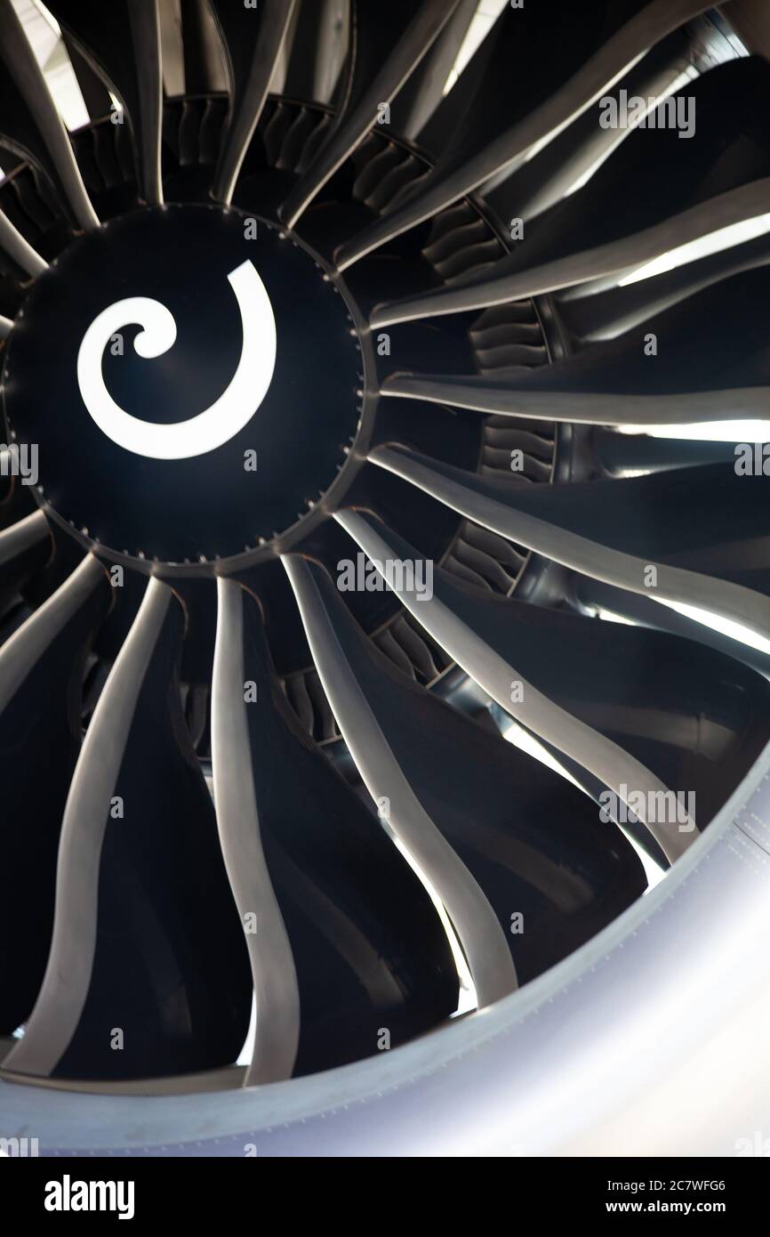 Turbine blades of an aircraft jet engine. Close up Turbines Engine ...