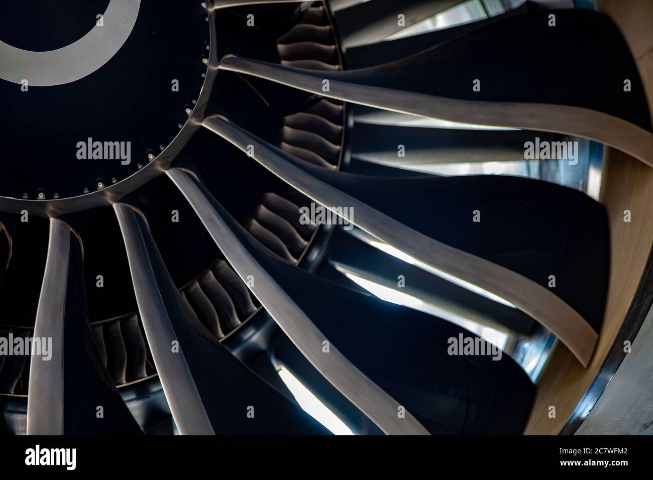 Turbine blades of an aircraft jet engine. Close up Turbines Engine ...