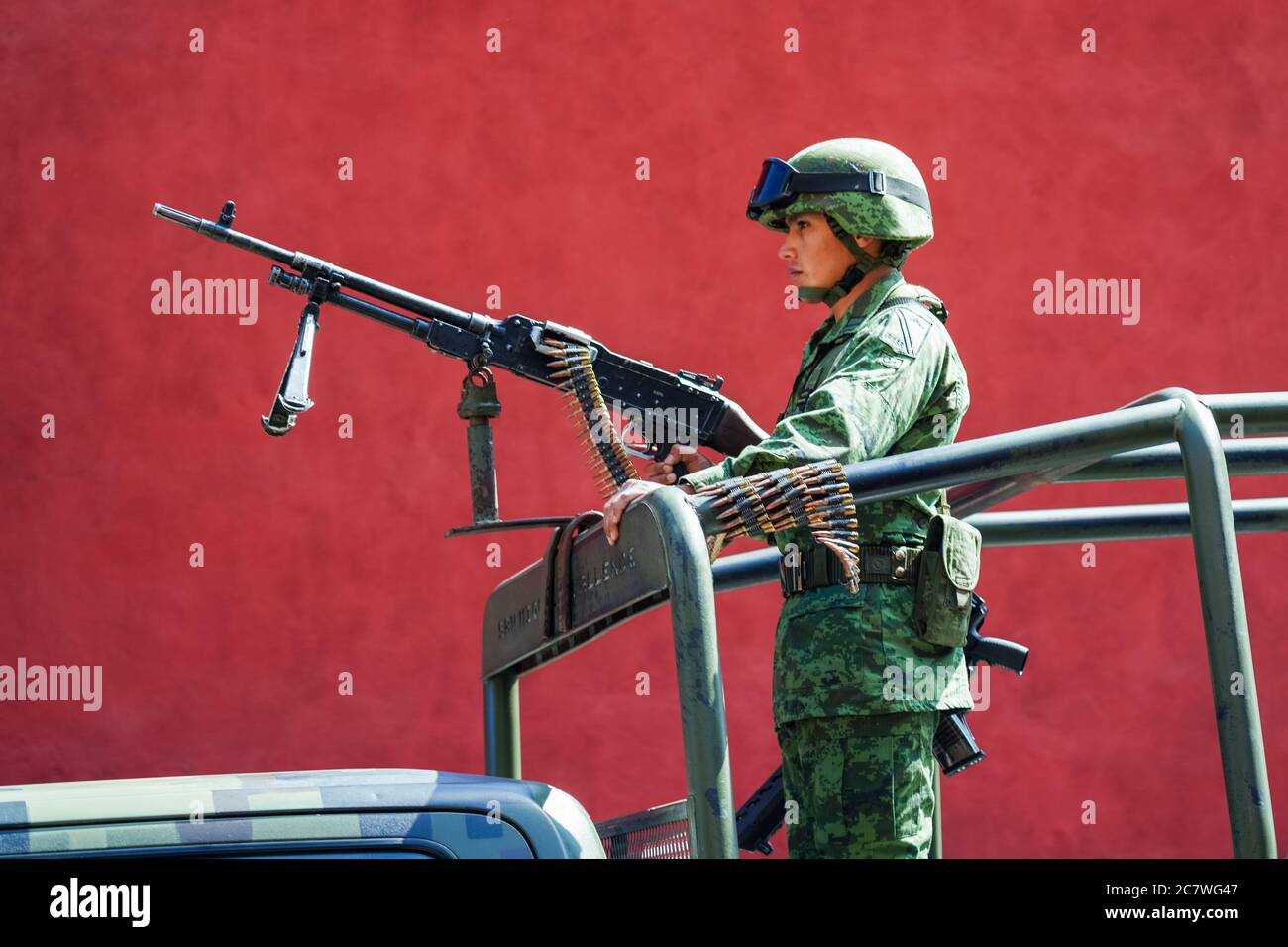 Heavily armed Mexican Army soldiers patrol the historic center during ...