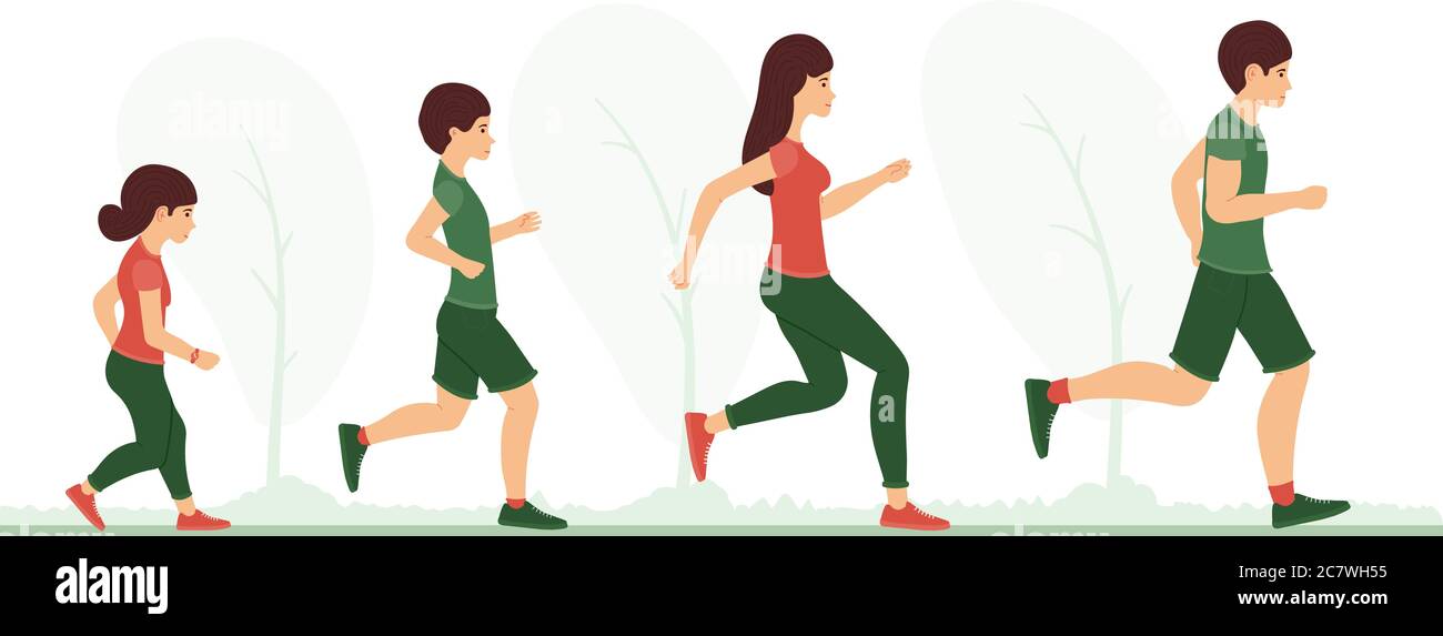 Family jogging. Family runs together in the park, trees in the ...