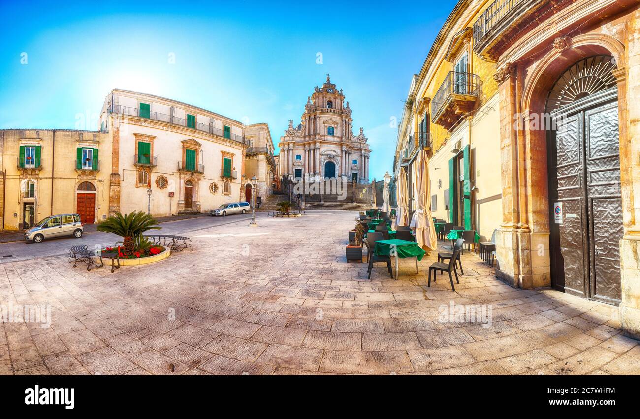 The baroque Saint George cathedral of Modica and Duomo square. Historic ...