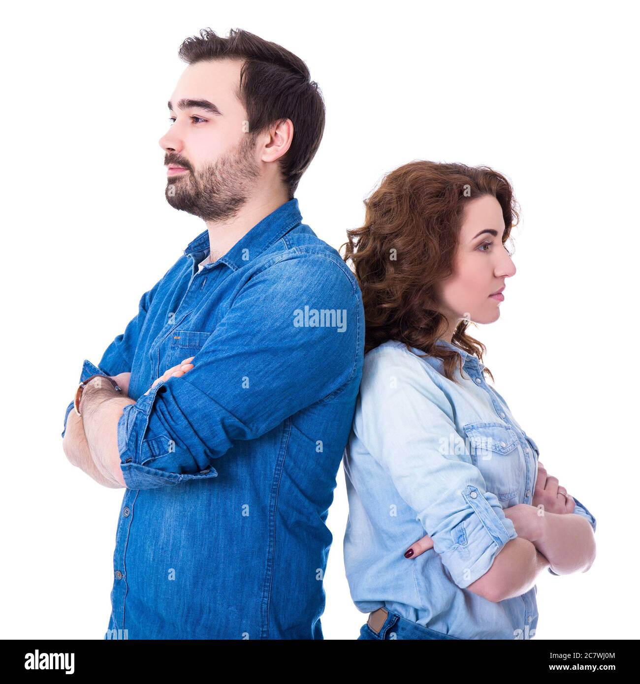 relationship or divorce concept - portrait of sad young couple isolated ...