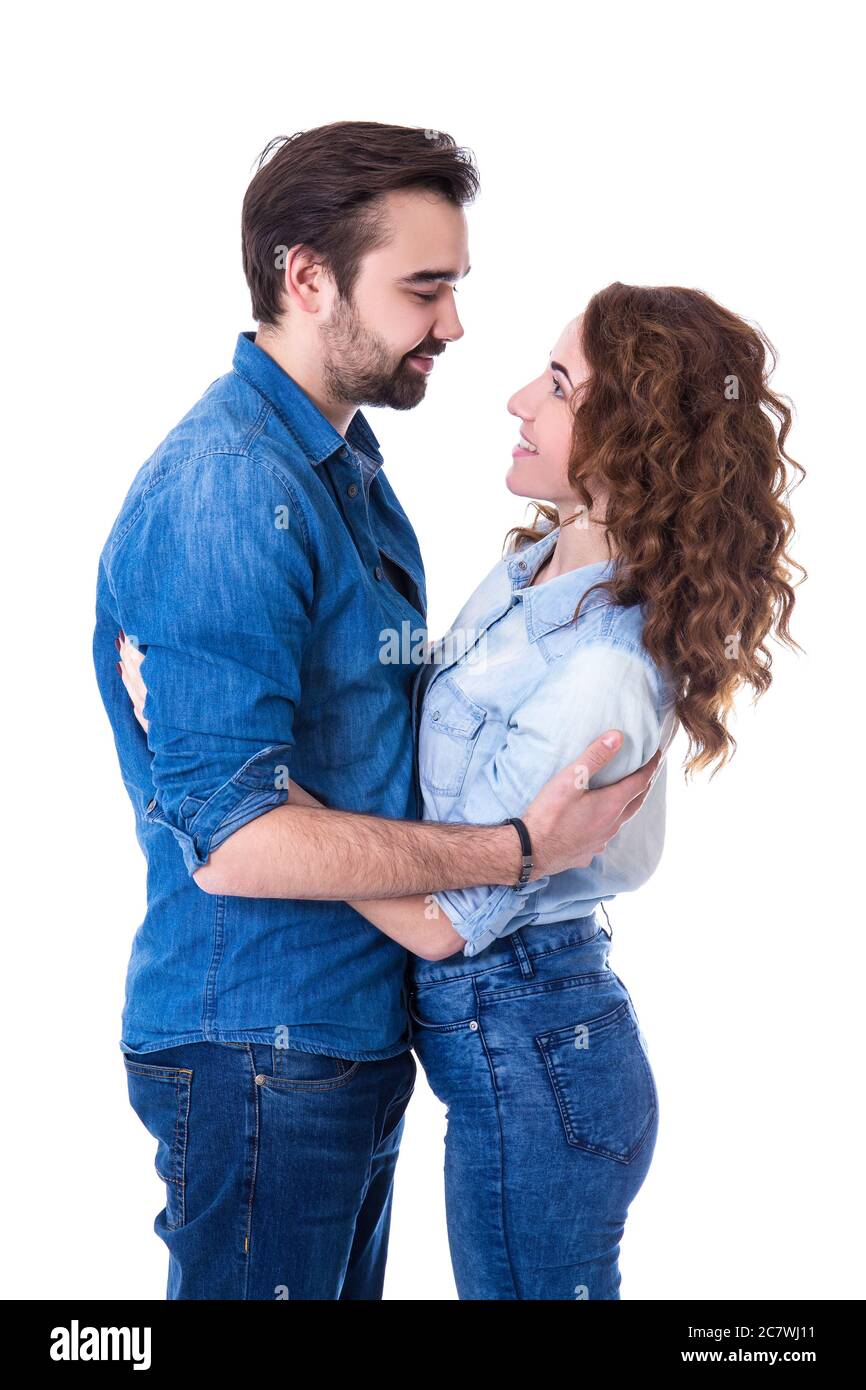 young cute couple isolated on white background Stock Photo - Alamy