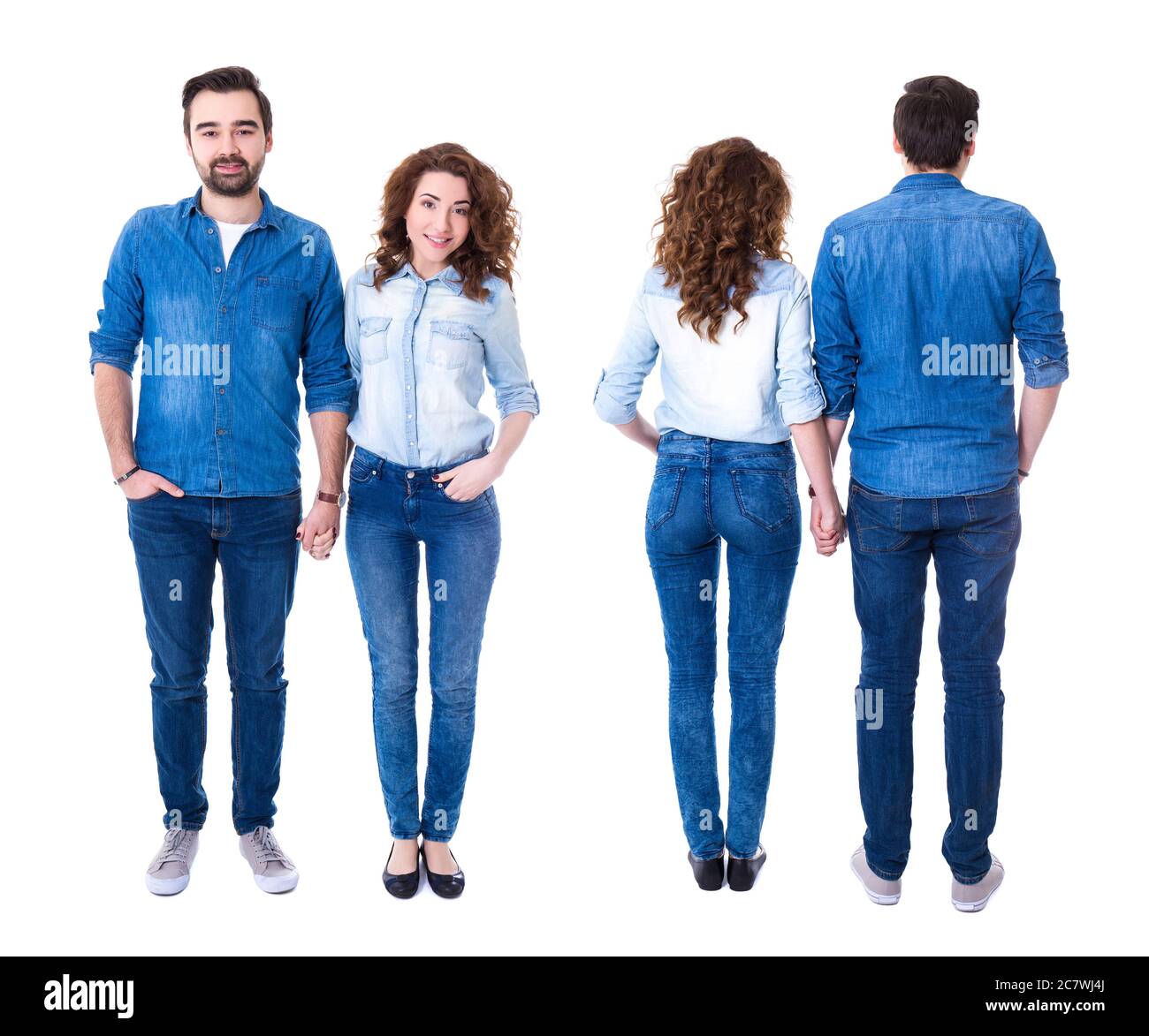 front and back view of happy couple isolated on white background Stock ...