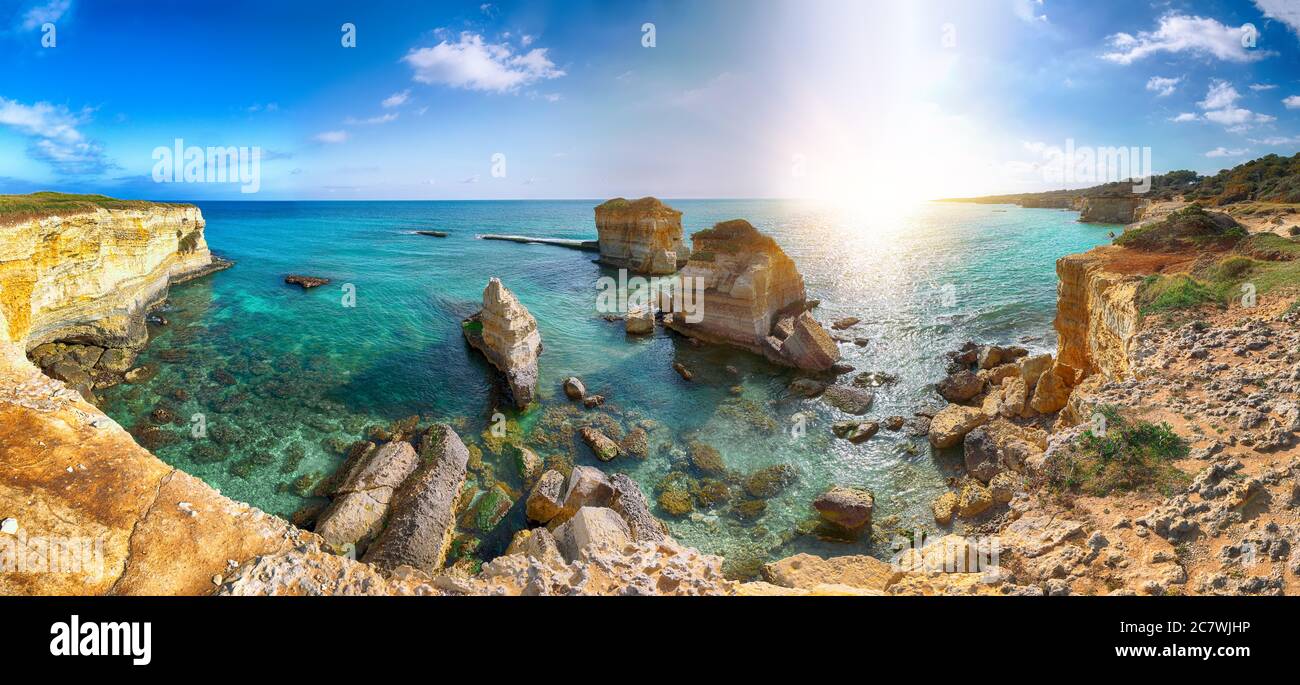 Picturesque seascape with white rocky cliffs, sea bay, islets and ...