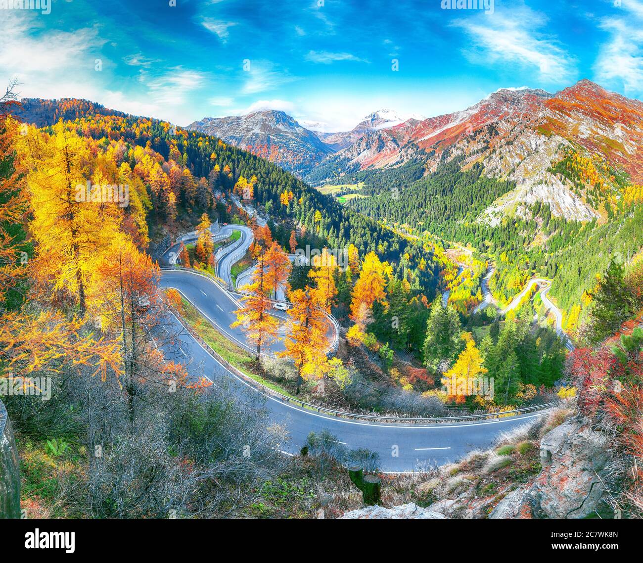 Stunning view of Maloja pass road at autumn time. Colorful autumn scene ...