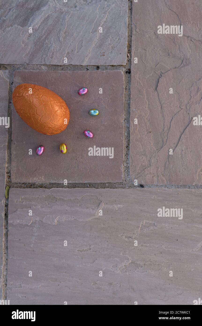 Easter eggs on patio with space with negative space to one side Stock ...