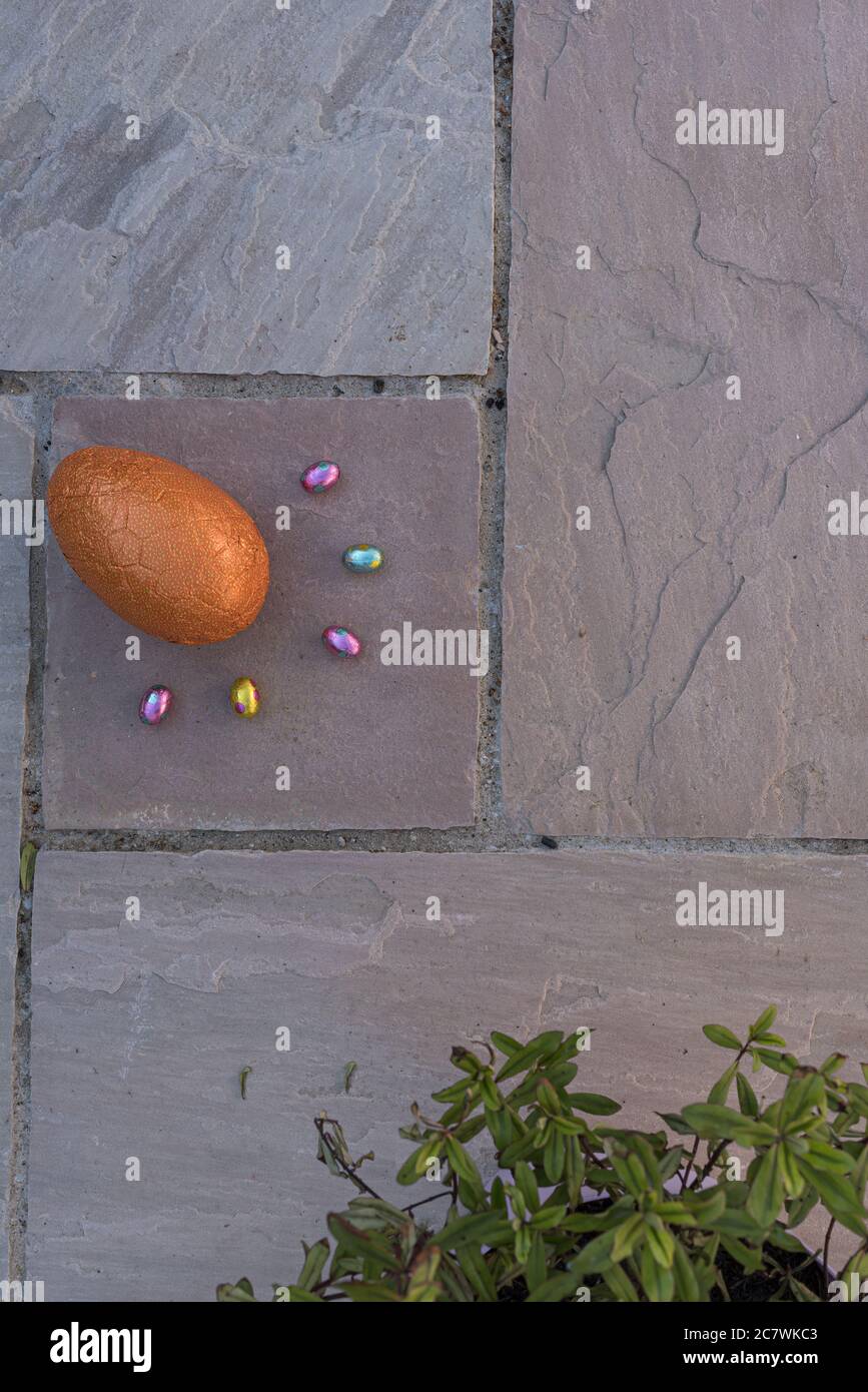 Easter eggs on patio with space with negative space to one side Stock ...