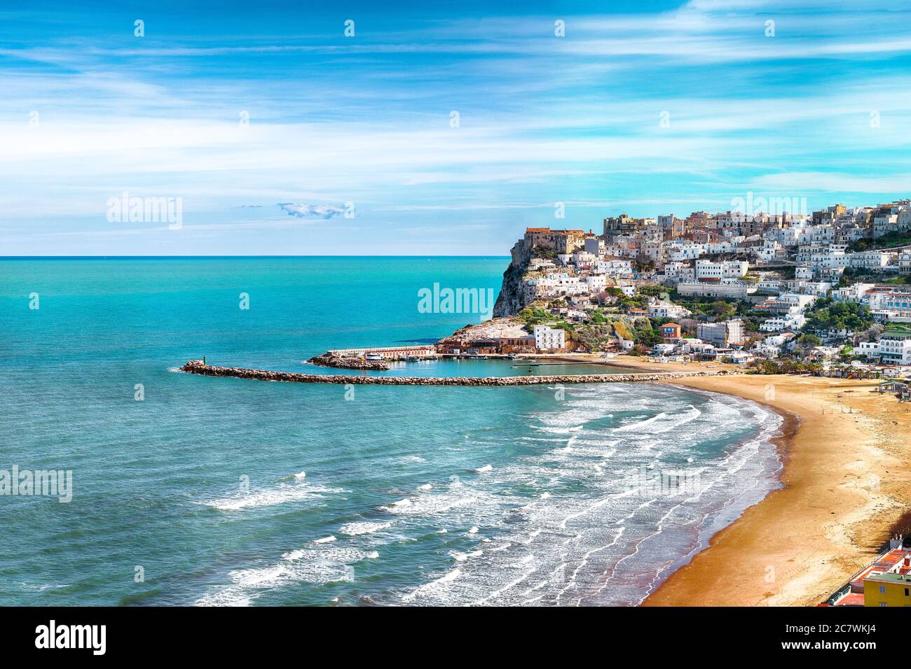 Picturesque Peschici with wide sandy beach in Puglia, adriatic coast of ...