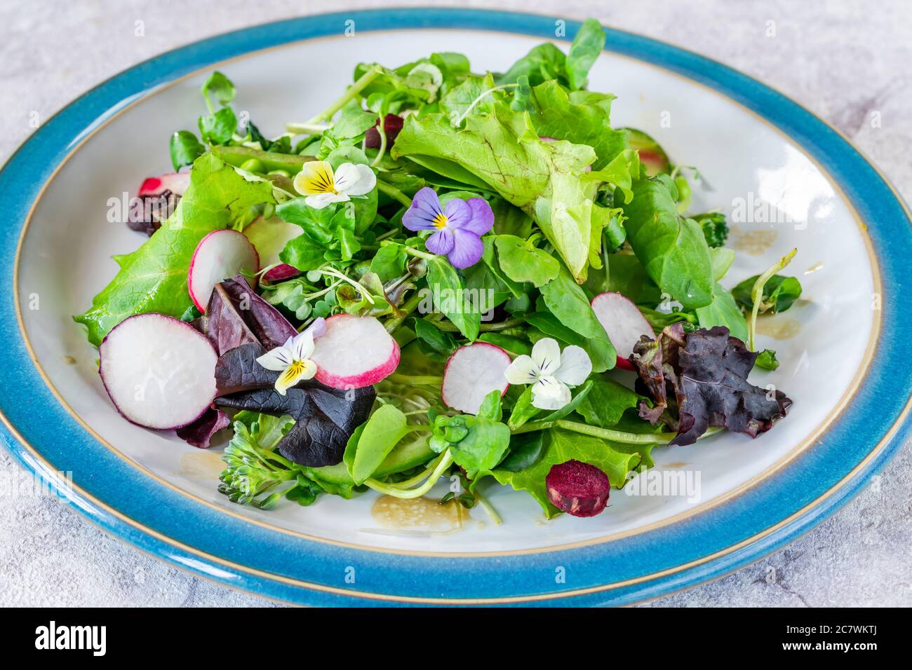 Green leaf salad with radish, cucumber and rich balsamic dressing ...