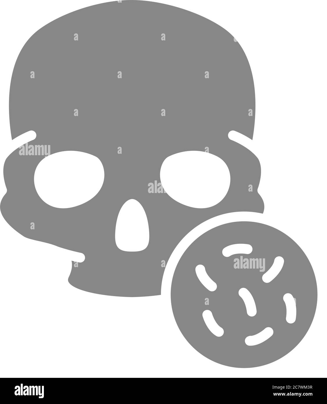 Skull with bacteria grey icon. Bones of the head, cranial bacterial ...