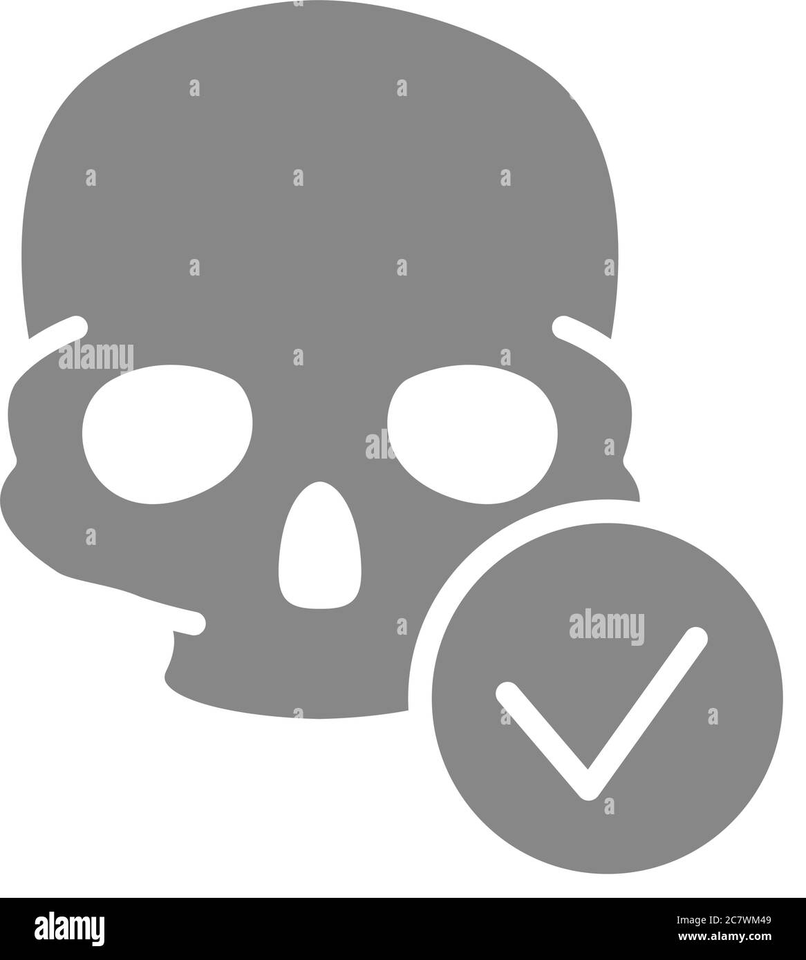 Skull with tick checkmark grey icon. Bone structure of the head symbol ...