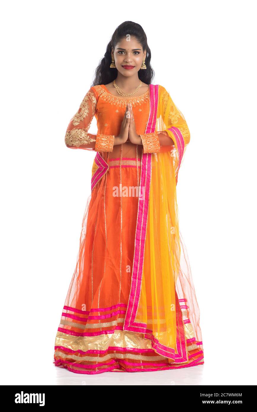 Beautiful Indian girl with welcome expression (inviting), greeting ...