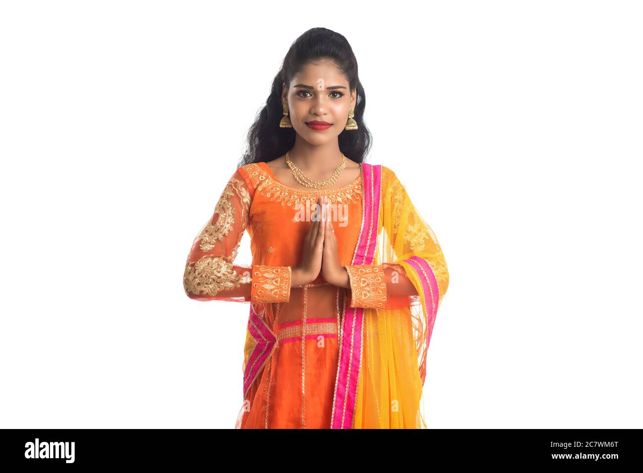 Beautiful Indian girl with welcome expression (inviting), greeting ...