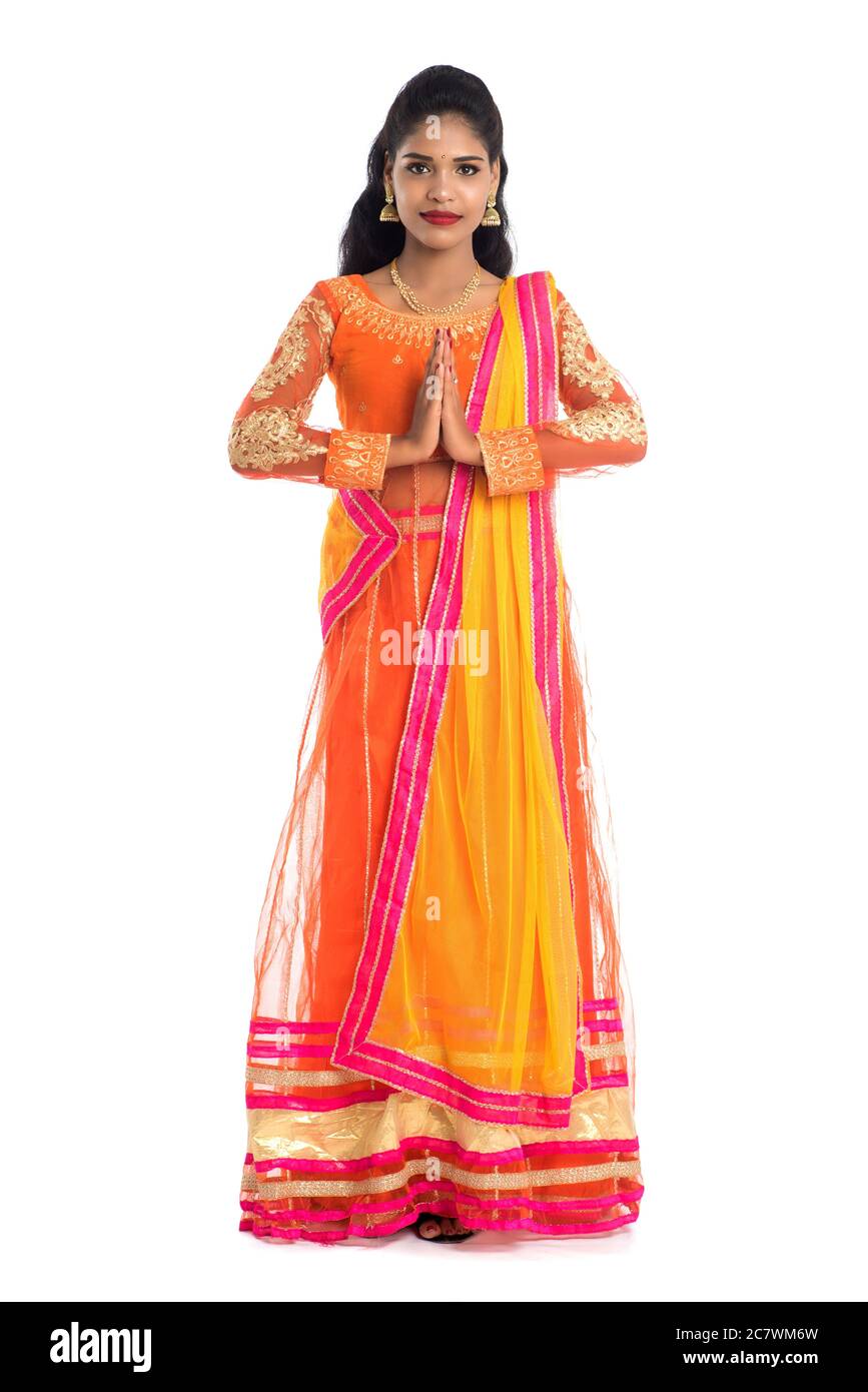 Beautiful Indian girl with welcome expression (inviting), greeting ...