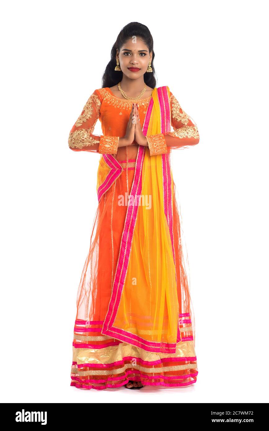 Beautiful Indian girl with welcome expression (inviting), greeting ...